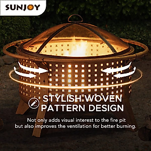 Sunjoy Fire Pit 30 in. Outdoor Wood-Burning Fire Pit, Patio Woven Round Steel Firepit Large Fire Pits for Outside with Spark Screen and Poker