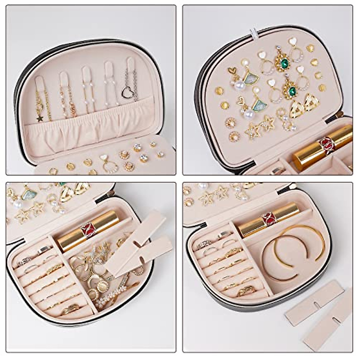 ProCase Travel Size Jewelry Box, Small Portable Seashell-Shaped Jewelry Case, 2 Layer Mini Jewelry Organizer in PU Leather, Earring Necklace Bracelet Ring Holder Box for Women Girl -Black