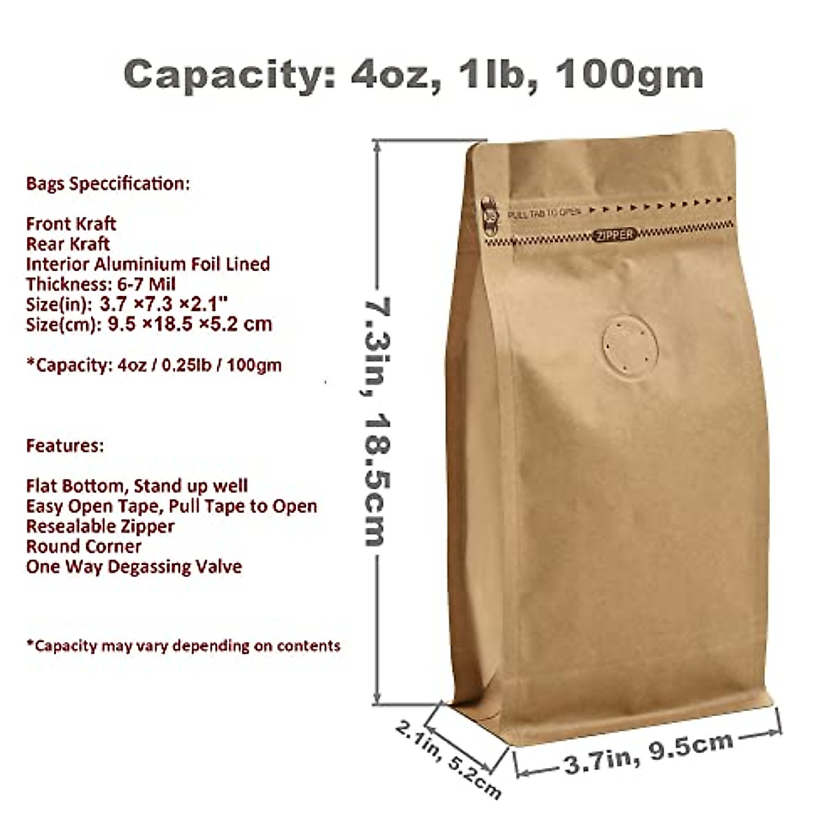4 Ounce 50 Pieces High Barrier Kraft Paper Coffee Bags Stand Up/Flat Bottom Coffee Pouches with Air Release Valve and Reusable Pull Tab Side Zipper (50, 4oz/0.25lb/100gm)