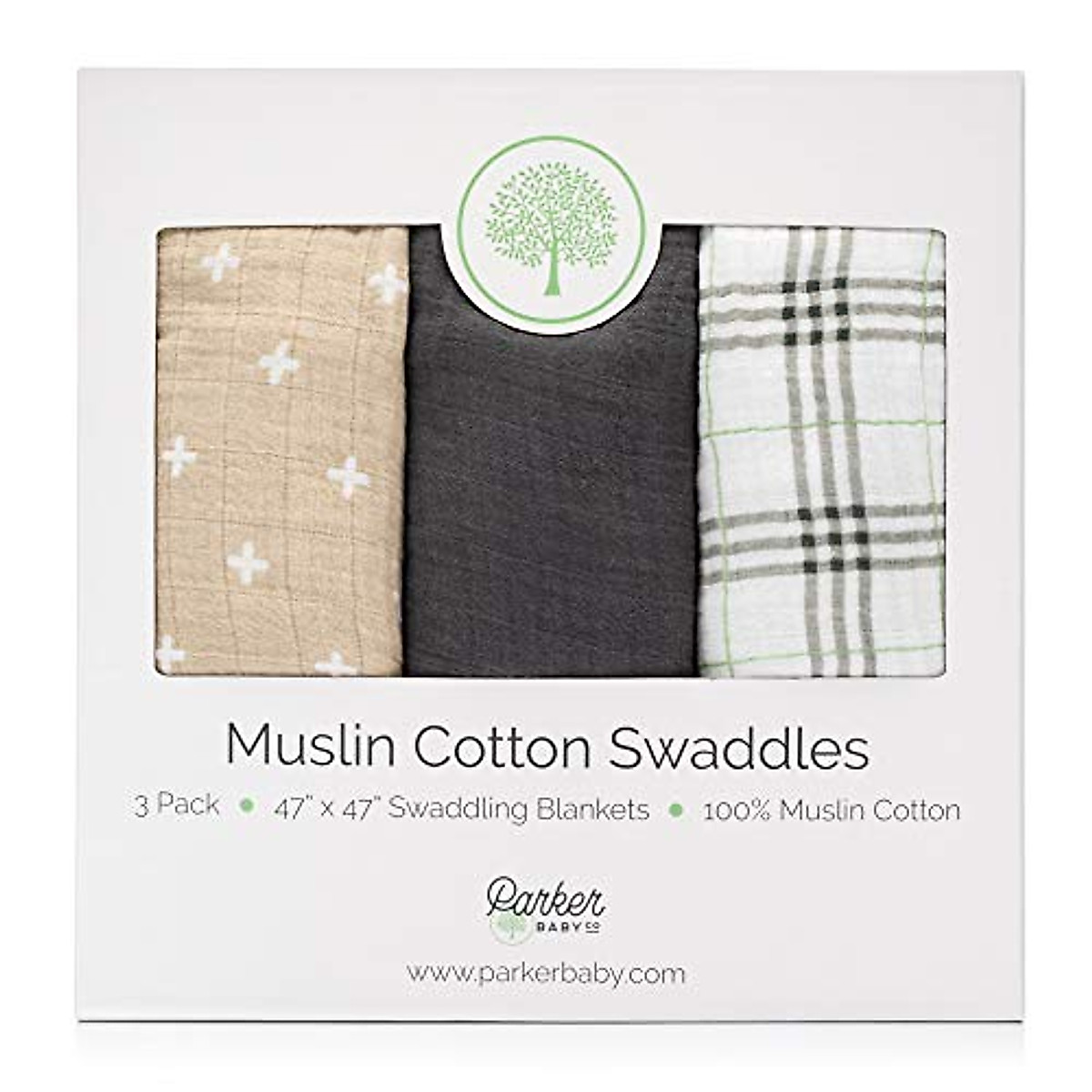 Parker Baby Co. Swaddle Blankets - Pack of 3 of 100% Cotton Muslin Swaddle Blankets for Baby Boys and Girls - Unisex/Gender Neutral - Classics Set