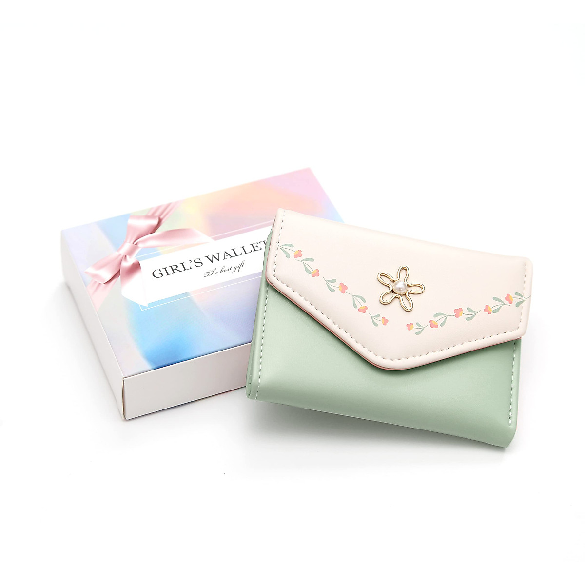 kuifang Girls Cute flowers Print Wallet, Small Tri-folded Aesthetic Wallet, PU Leather Purse Cash Pocket Card Holder ID Window Purse for Women(Green)