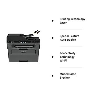 Brother MFC L26 Series All-in-One Laser Printer, Print, Copy, Scan, Fax - 26 ppm, 2400 x 600 dpi, 250 Sheets, Wireless, Mobile Printing, Auto 2-Sided Printing, with MTC Printer Cable