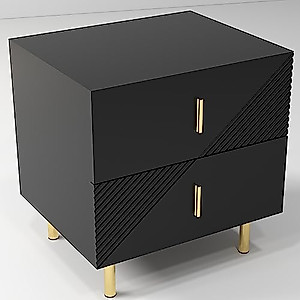 kudikt Black Nightstand with Drawer： Large Nightstand with 2 Drawers Wooden Nightstand for Bedroom Nightstands Black with Gold Adjustable Legs