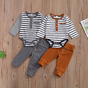 2Pcs/Set Newborn Baby Boys Outfit Long Sleeve Striped Bodysuit Romper Solid Pants Fall Winter Clothes (Khaki, 0-3 Months)