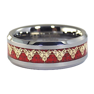Fantasy Forge Jewelry Tungsten Gold Phoenix Ring Mens Womens Red Carbon Fiber Wedding Band 8mm Size 9.5