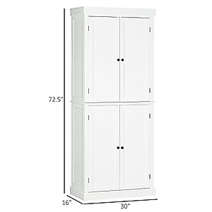 HOMCOM Freestanding Modern 4 Door Kitchen Pantry, Storage Cabinet Organizer with 6-Tier Shelves, and 4 Adjustable Shelves, White