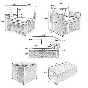 BIADNBZ 7 Piece Outdoor Patio Furniture Set for 6,All-Weather Wicker Sectional Sofa with a Loveseat and Storage Box, Rattan Conversation Couch with Glass Table for Garden Backyard, Grey