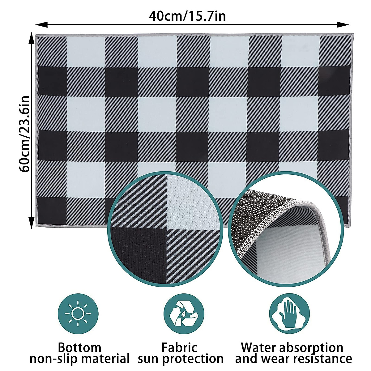 Black & White Christmas Door Mat Buffalo Plaid Doormat 16 x 24'' Winter Holiday Non-Skid Floor Mat Switch Mat Indoor Outdoor Home Garden Easy to Clean Low Profile Mat