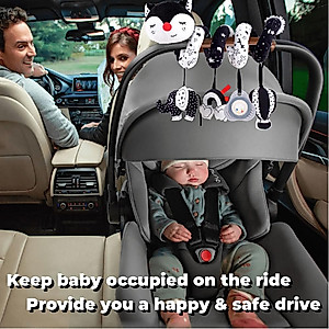 Car Seat Toys for Infants 0-6 Months, High Contrast Baby Toys Black and White Hanging Baby Carseat Toys Stroller Toys 3-6 Months Newborn Developmental Toys 0-3-6-12 Months with Music Rattles