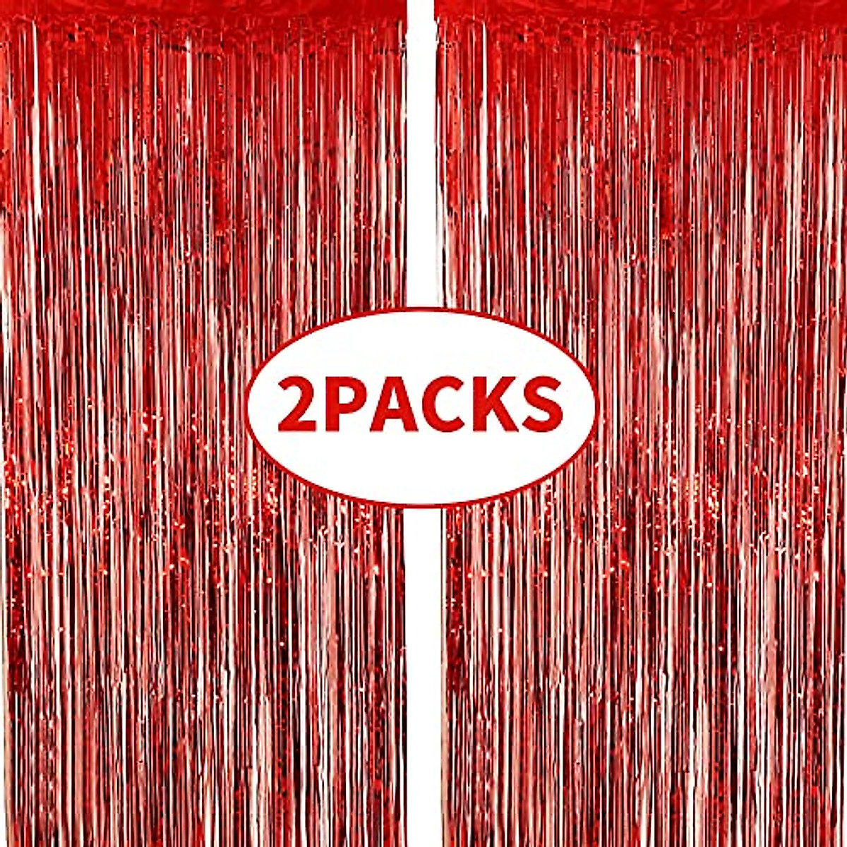 2 Pack 3.2 ft x 8.2 ft Red Tinsel Foil Fringe Curtains Backdrop, Sparkle Fringe Curtains for Party Photo Background Decoration