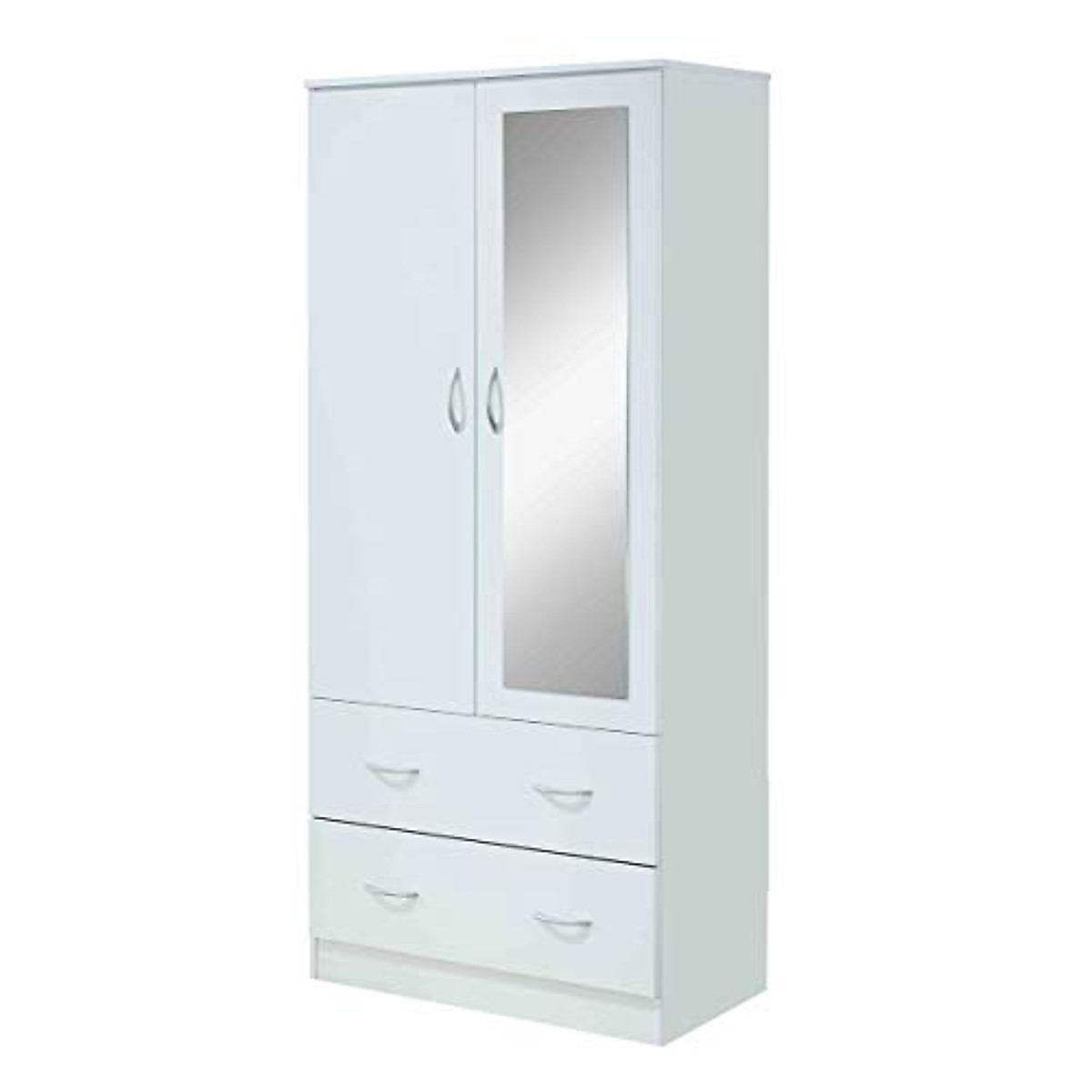 Hodedah Two Door Wardrobe with Two Drawers and Hanging Rod plus Mirror, White