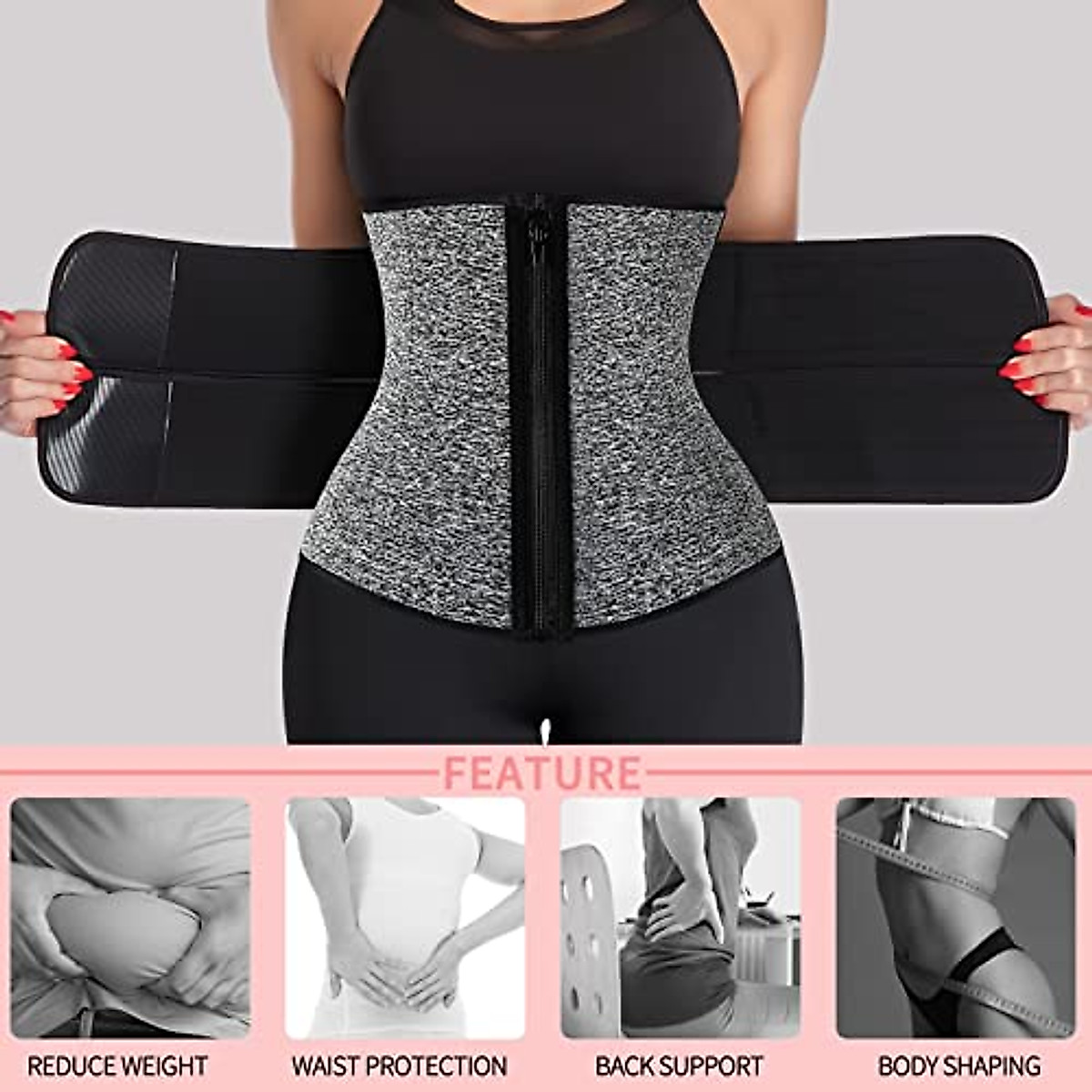 KIWI RATA Neoprene Sauna Waist Trainer Corset Sweat Belt with 2 Straps for Women Sweat Band Compression Cincher Workout Fitness Trimmer,#1 Zipper Grey,X-Large