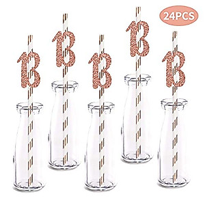 Rose Happy 13th Birthday Straw Decor, Rose Gold Glitter 24pcs Cut-Out Number 13 Party Drinking Decorative Straws, Supplies