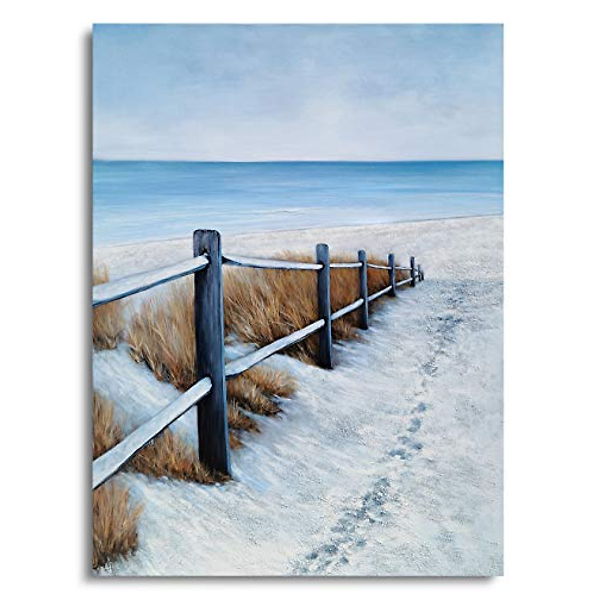 YHSKY ARTS Beach Canvas Wall Art Hand Painted Blue and White Painting with Fence Modern Abstract Coastal Pictures Contemporary Vertical Nautical Artwork for Living Room Bedroom Bathroom Decor