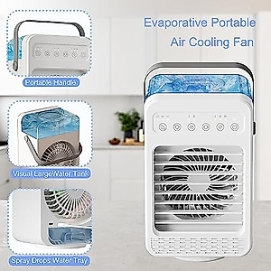 Trovono Portable Air Conditioner Fan,Mini Personal Air Cooler with 4 Wind Speed,2/4/6H Timer,600ML Tank,Rainbow LED Light,120°Oscillating Cooling Fan,2 Spray,Low Noise,Desktop Office, Home, Bedroom