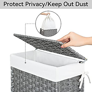 Chrislley 53L Slim Handwoven Rattan Laundry Hamper with Lid Rolling Laundry Basket with Removable Liner Bags Foldable Hampers with Wheels（Grey）