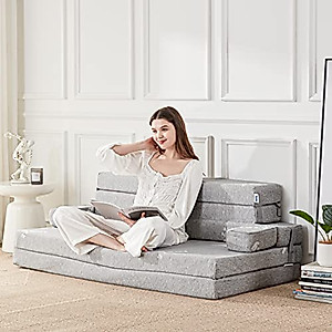 Lazyzizi Sleep 4 Inch Foldable Mattress, Portable Floor Mattress Couch with Headrest, Washable Cover, Foldable Foam Couch Full for Guest Bed, Folding Sofa Bed, Camping, Road Trip， Light Grey