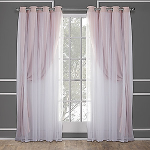 Exclusive Home Catarina Layered Solid Room Darkening Blackout and Sheer Grommet Top Curtain Panel Pair, 52"x84", Rose Blush