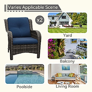 Gardenbee Patio Wicker Chairs Set of 2, Patio Rattan Dining Chairs with 3.5-inch Seat Cushions, High Back and Curved Armrest for Garden, Backyard, Balcony and Deck, Blue