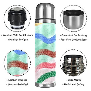 Stainless Steel Leather Vacuum Insulated Mug Colored Lines Thermos Water Bottle for Hot and Cold Drinks Kids Adults 16 Oz