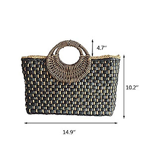 QTKJ Women Summer Retro Straw Bag with Zip Hand-woven Beach Handbag Top Round Handle Boho Tote Bag Shopping and Travel Large Bag (Black)