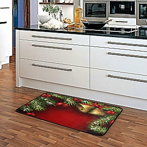 ALAZA Christmas Kitchen Rugs,Christmas Kitchen Mat for Kitchen Bathroom Decor 39 x 20 Inch,Branches Bells