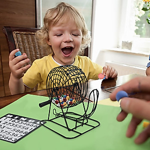 WIn SPORTS Bingo Game Set,8 Inch Metal Cage with Master Board,75 Multicolored Balls,150 Bingo Chips and 18 Bingo Cards, Ideal for Large Group Casino Game Set