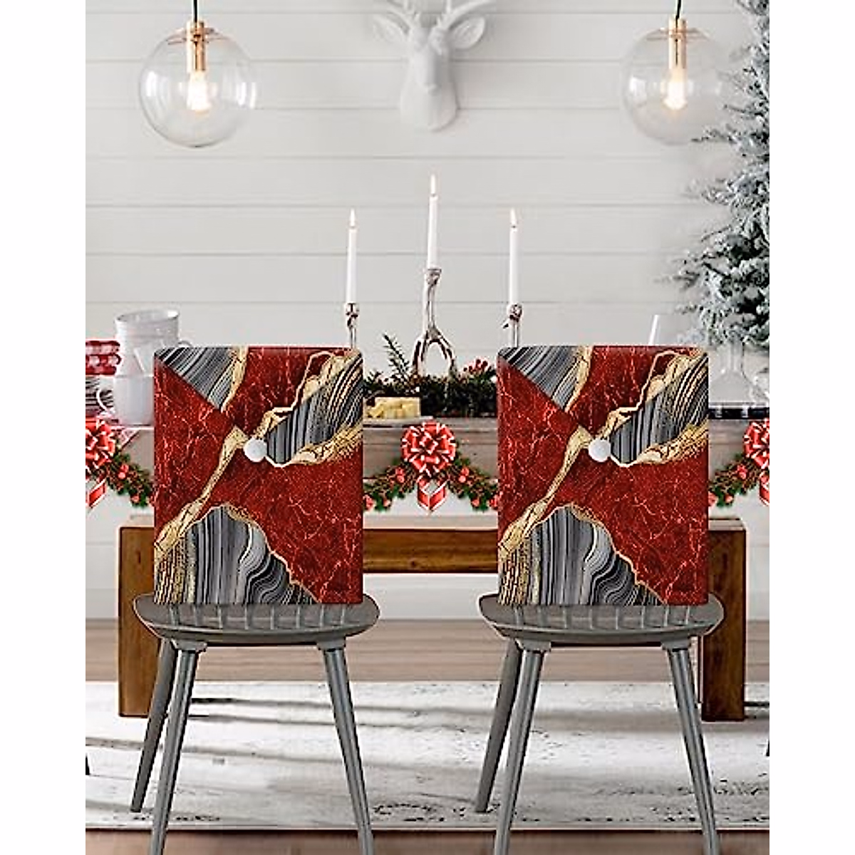 Abstract Chair Back Cover for Dining Room,Santa Hat Chair Slipcovers Set of 4, Burgundy Red Golden Gray Marble Washable Kitchen Chair Back Covers for Home Dinner Party Events Modern Fluid