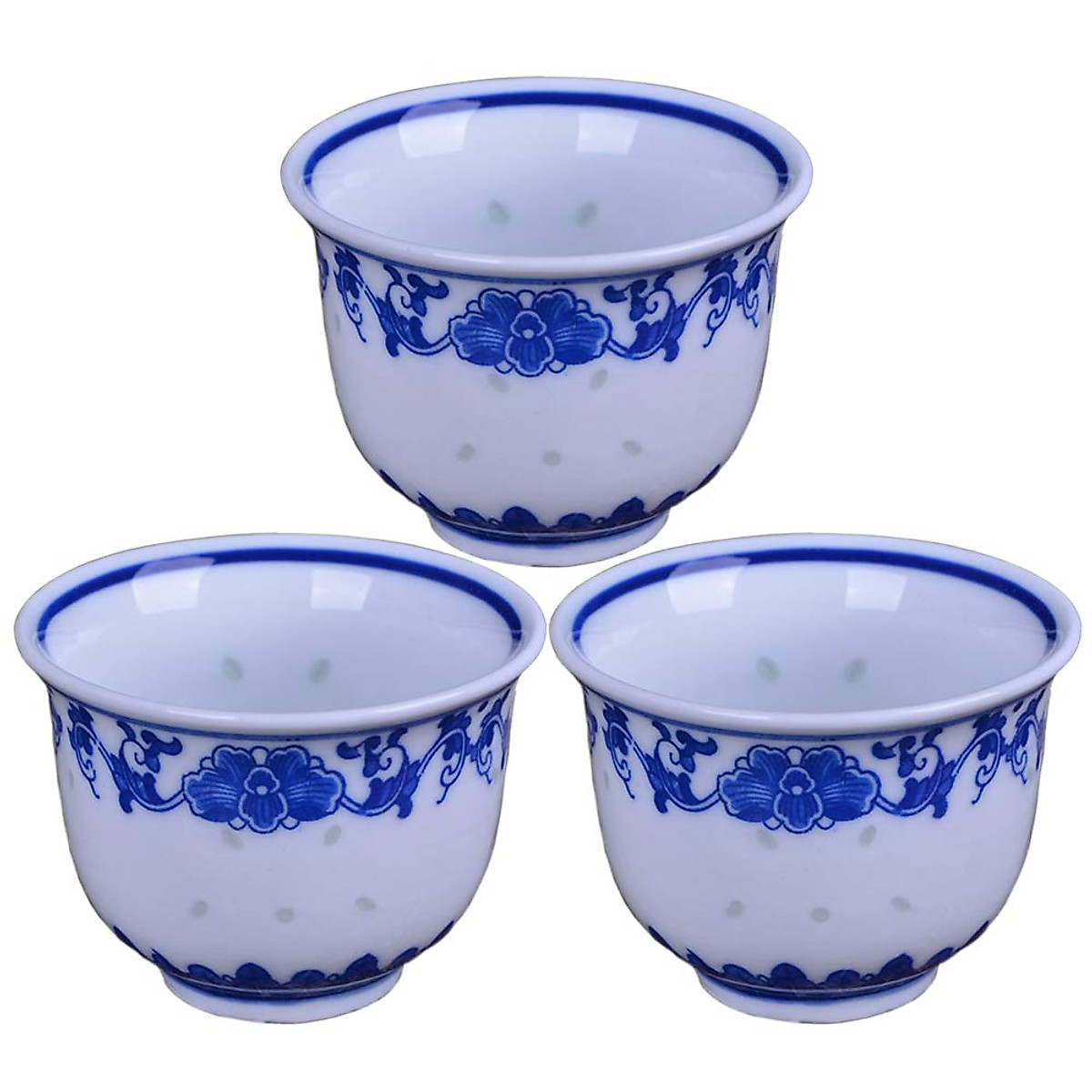 Chinese Handmade Kungfu Tea Cup 80 ml,Bone China Blue and White Tea Cups Set of 3,Ceramic Tea Mugs Without Handles,Best Gift