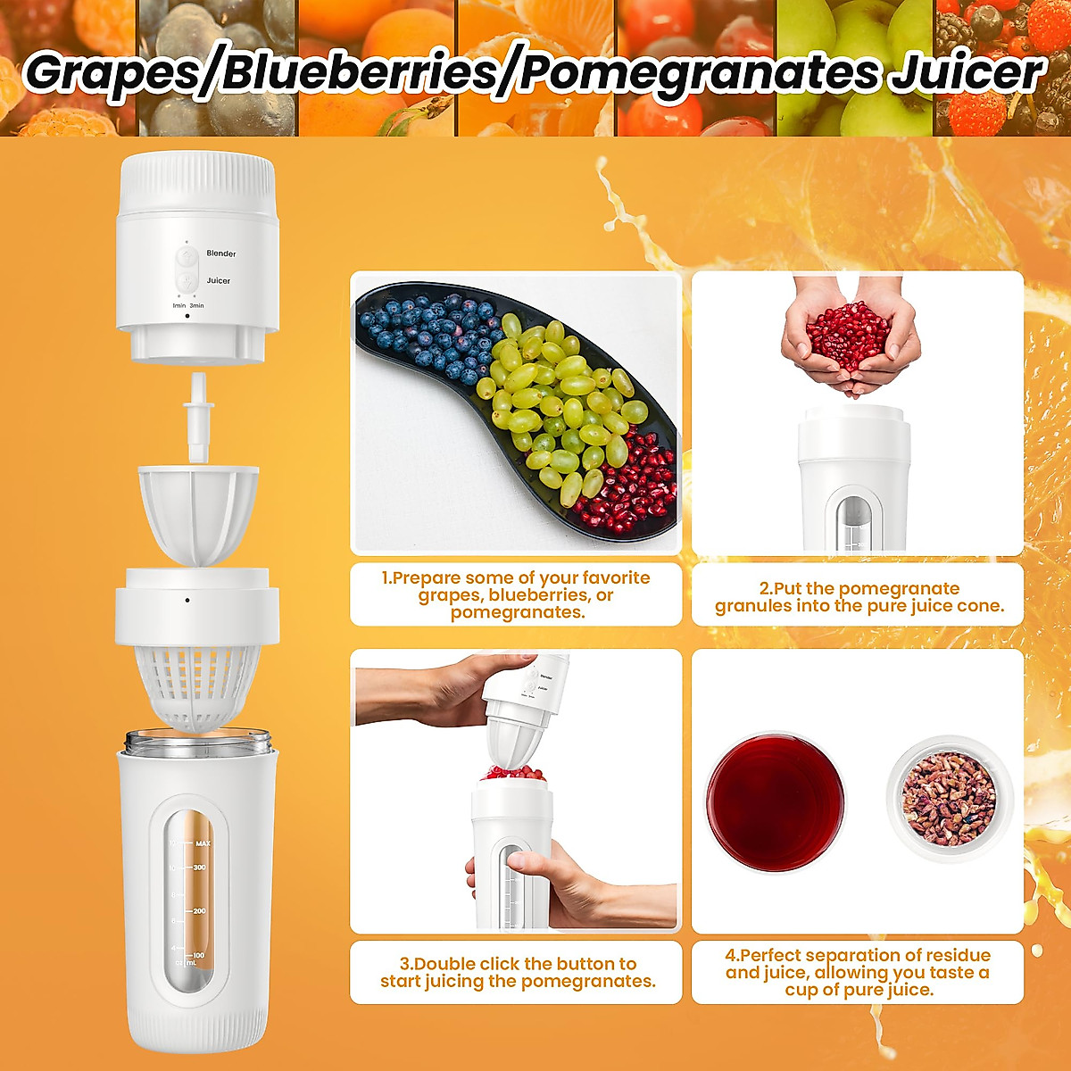 Portable Blender for Shakes and Smoothies - 3 in 1 Personal Blender with Citrus Juicer and Pure Juicer, Smoothie Blender with 12 Oz Travel Cup and Lid, USB Rechargeable Smoothie Maker Mini Blender