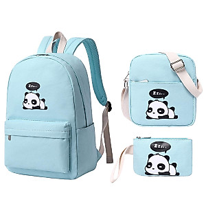3Pcs Cute Panda Backpacks Set for Teenage Girls Boys Lightweight Casual Canvas School Backpack (Blue)