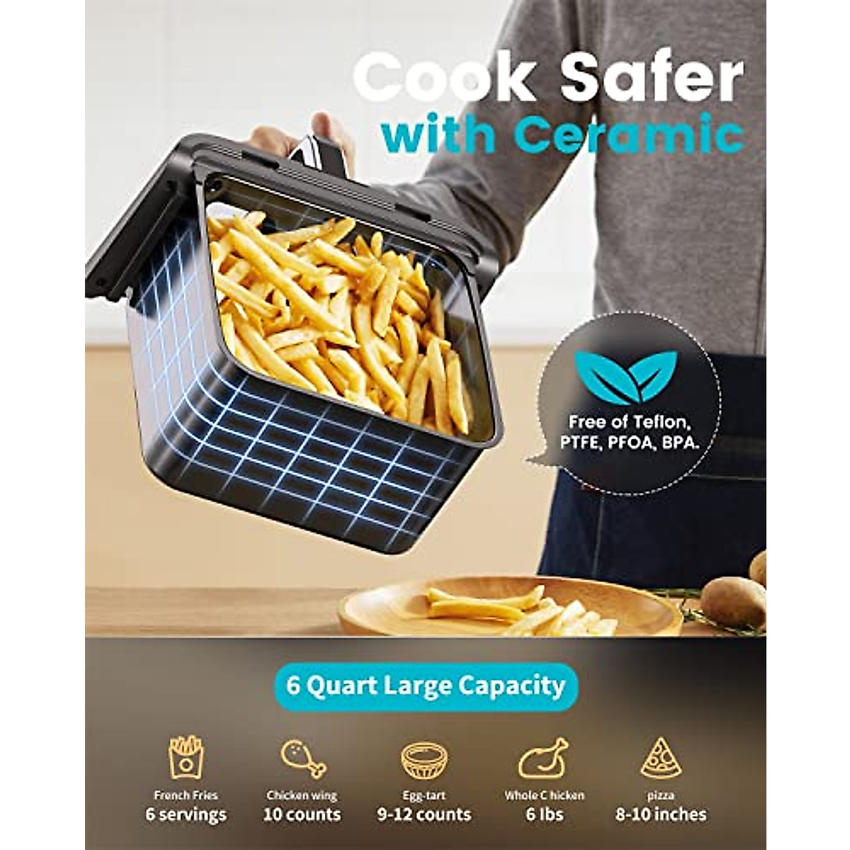 ecozy Air Fryer 6 Quart with See-Through Window Smart WiFi (100 Recipes), 11 Presets+ One-Touch Recipe Function, Dishwasher Safe, Black