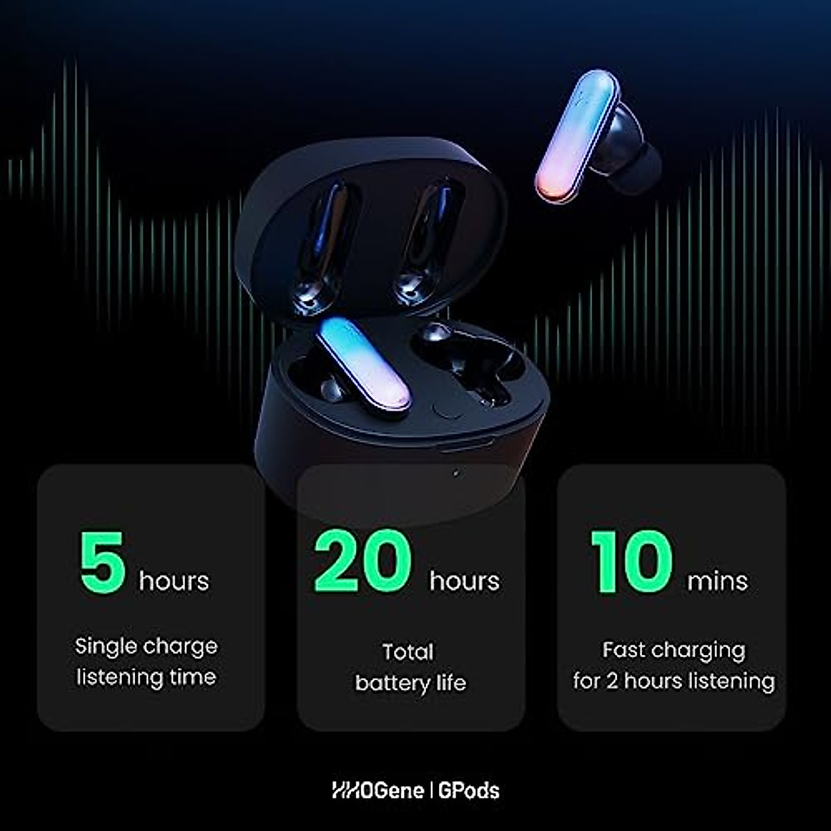 HHOGene Gpods RGB Wireless Earbuds with Led Light Control, Noise Cancelling Bluetooth Earphones in Ear with Fast Charging Case, IPX4 Sweatproof Sport Gaming Hiking Traveling for iPhone & Android Black