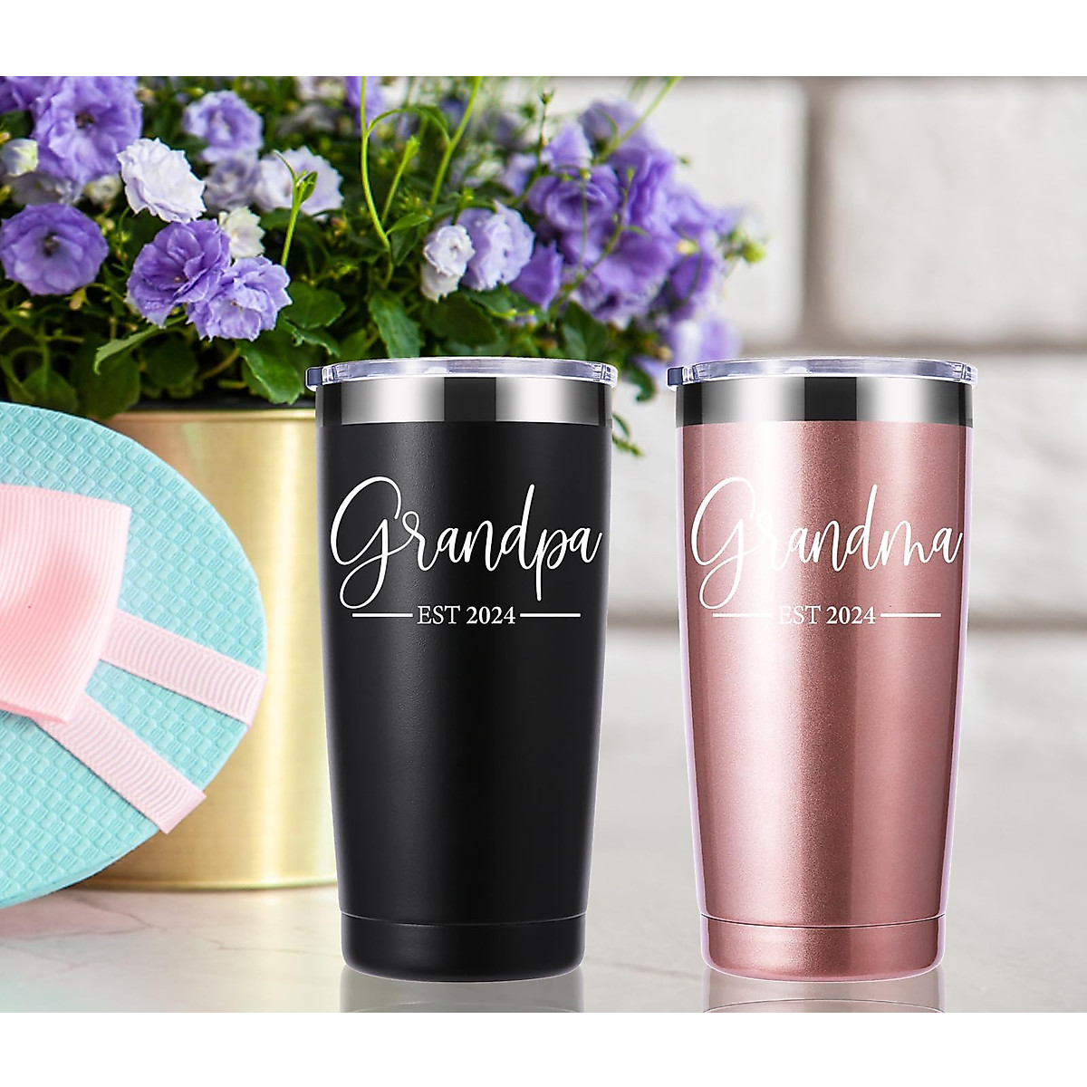 Grandpa Grandma Est 2024 20 OZ Tumbler.Anniversary New Grandpa Grandma Grandparents Grandparents to be Newborn Gifts.Fathers Mothers Grandfathers Grandmothers Day Couples Gifts.(Black&Rose Gold)