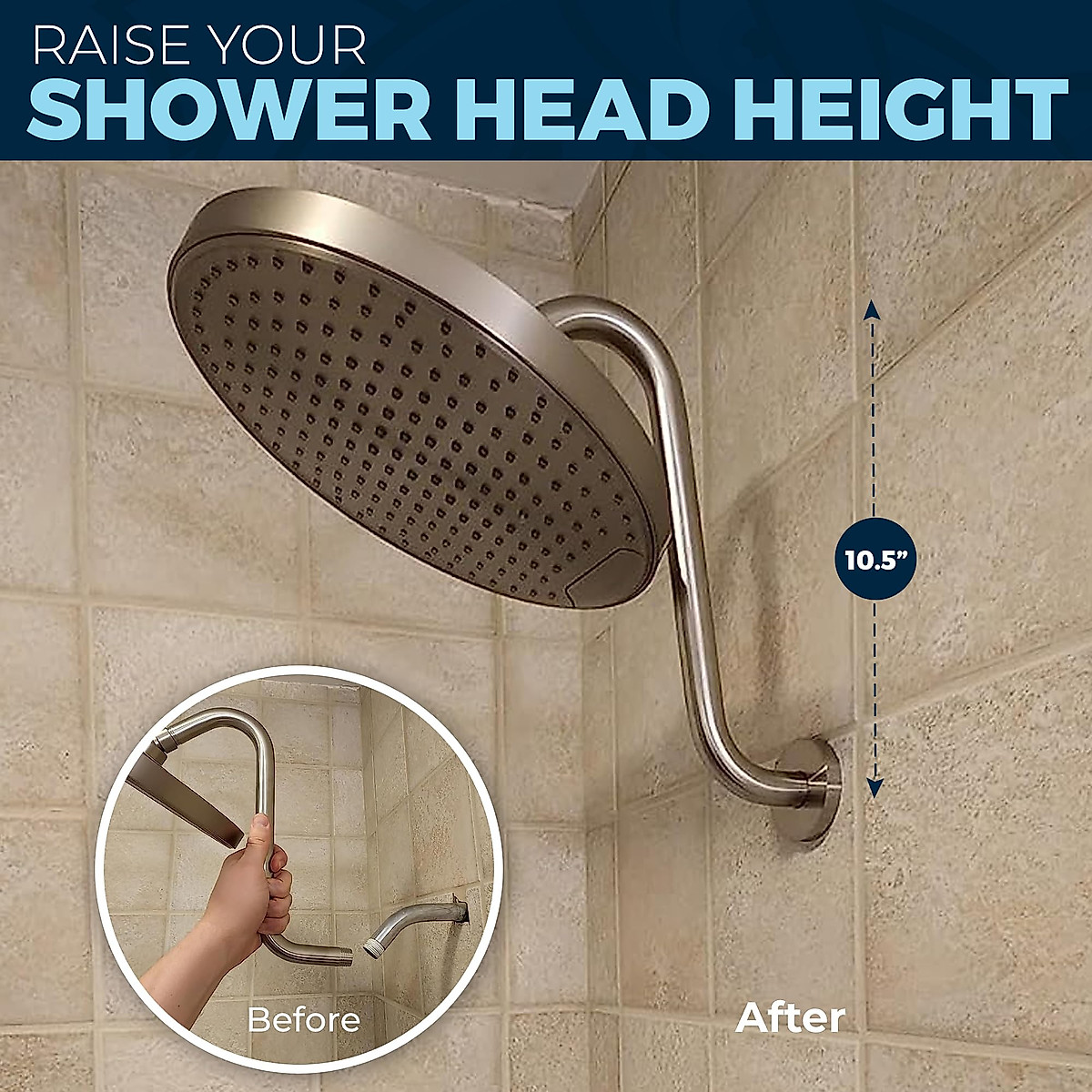 ALL METAL 10.5" S-Shaped Shower Arm - CHROME - High Rise Shower Head Riser - Universal Compatibility - Perfect for Tall People & Rain Shower