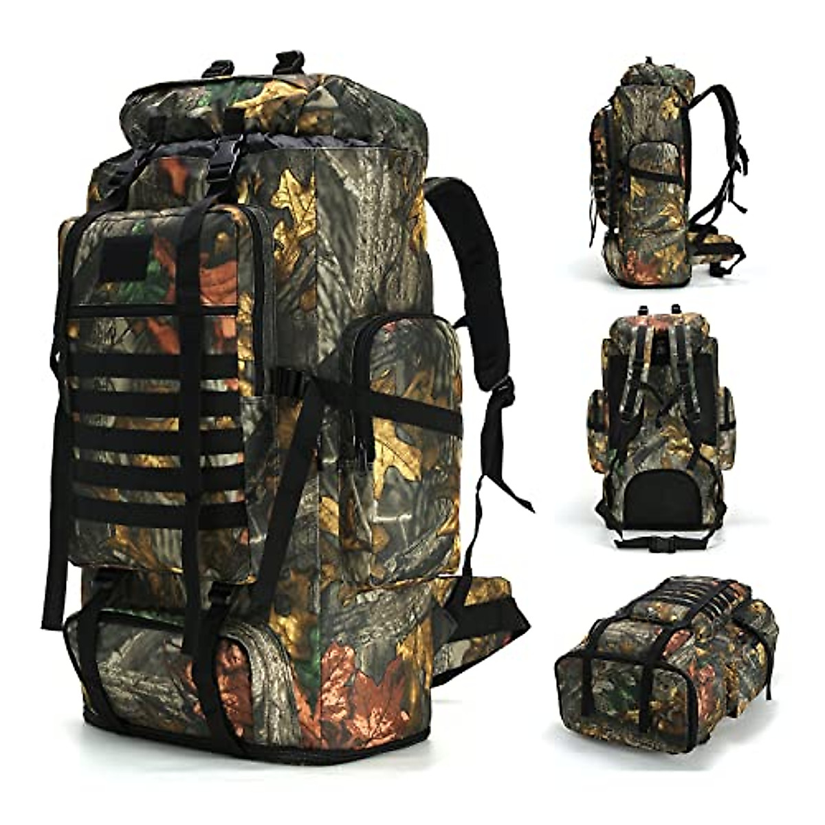 HongXingHai 70L/100L Hiking Camping Backpack MOLLE Rucksack Waterproof Traveling Daypack Durable High-Performance Backpack for Backpacking (Leaf camo, 70L/100L)