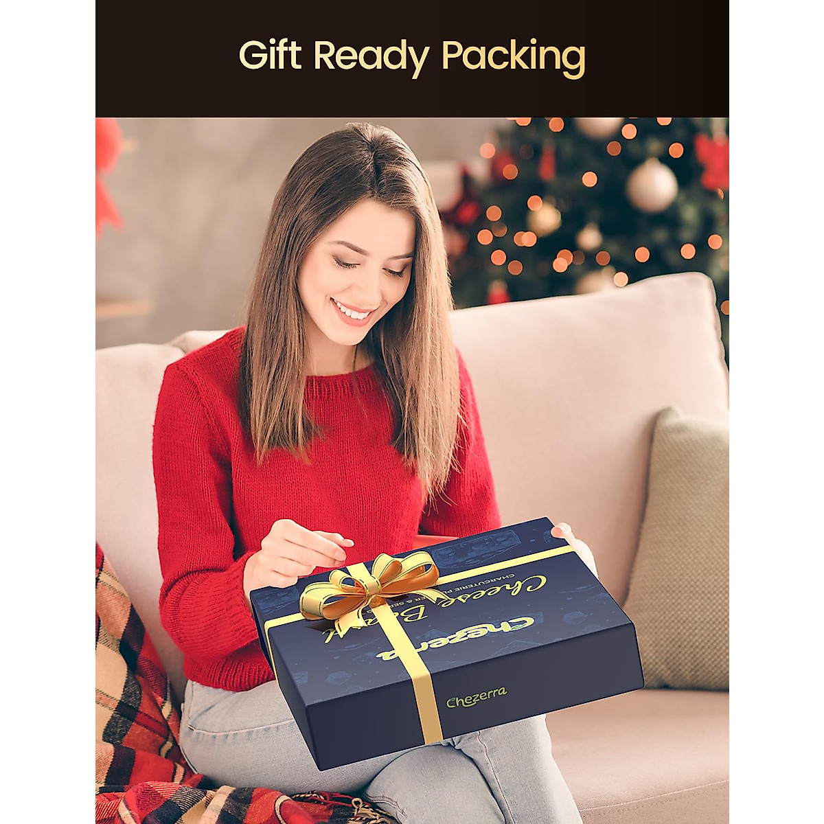 Charcuterie Boards Gift Set, Chezerra Bamboo Cheese Board Set, Folding Cheese Board with Handle, Cheese Knife Set - Unique White Elephant, House Warming, Wedding Gift, Portable Outdoor Cheese Plate