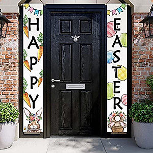 Deroro Happy Easter Bunny Rabbit Porch Banner Sign, Eggs Carrot Front Door Decorative Hanging Welcome Banner Flag, Seasonal Spring Decoration Home Outdoor Decor