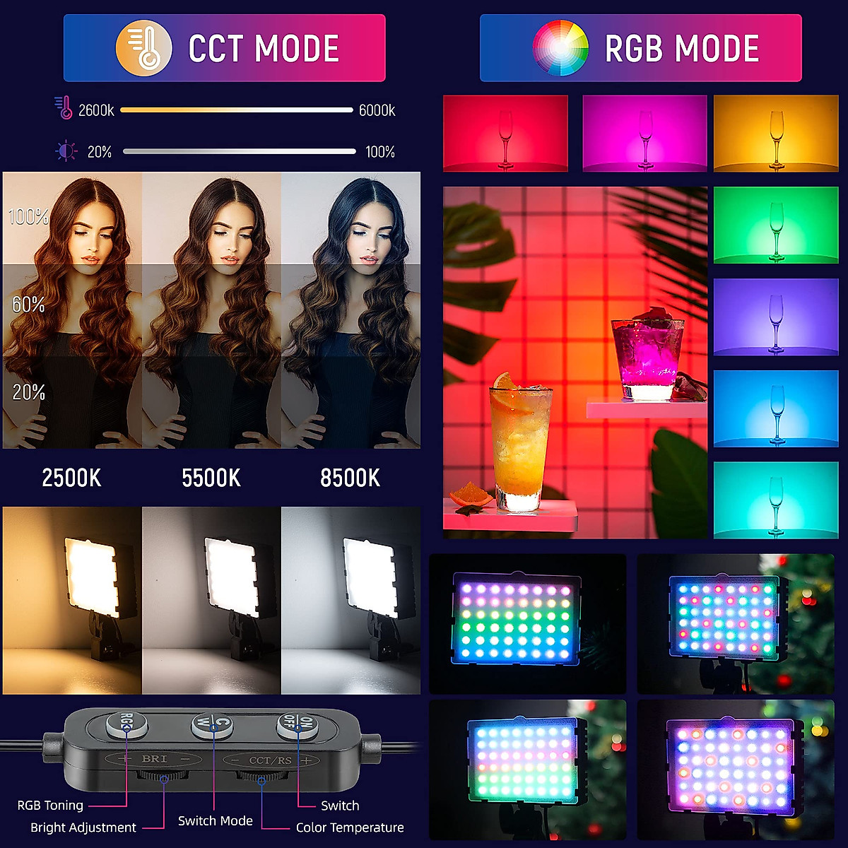 RGB Photography Lighting,USB Powered 2600K-6000K LED Tabletop Light with Stand, for Zoom Calls Video Conference Webcam Meeting Tiktok Game Streaming YouTube Photo Video Studio Shooting （2 Packs