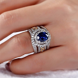Jeulia Oval Solitaire Engagement Silver Ring: Sterling Bridal Ring Sets Sapphire Blue Cubic Zirconia Wedding Eternity Band with Jewelry Box (Blue, 7)