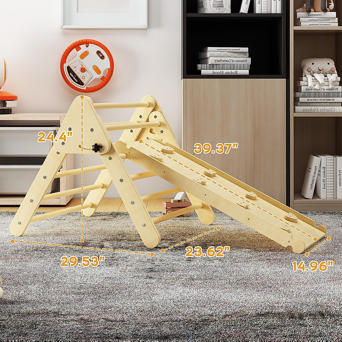 Benarita Pikler Triangle Set 2 in 1, Folding Wooden Triangle Climber with Ramp, Indoor Climbing Toys for Toddlers, Montessori Climbing Toys for Kids Gym Playground