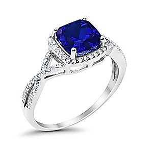 Halo Infinity Shank Engagement Ring Cushion Simulated Blue Sapphire Round Cubic Zirconia 925 Sterling Silver, Size-9