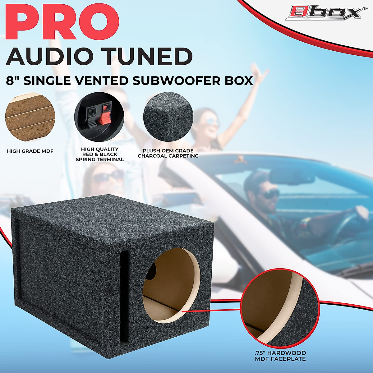 Bbox Single Hatchback Sealed 8 Inch Subwoofer Enclosure - Car Subwoofer Boxes & Enclosures - Premium Subwoofer Box Improves Audio Quality, Sound & Bass - Nickel Finish Subwoofer Terminal - Black