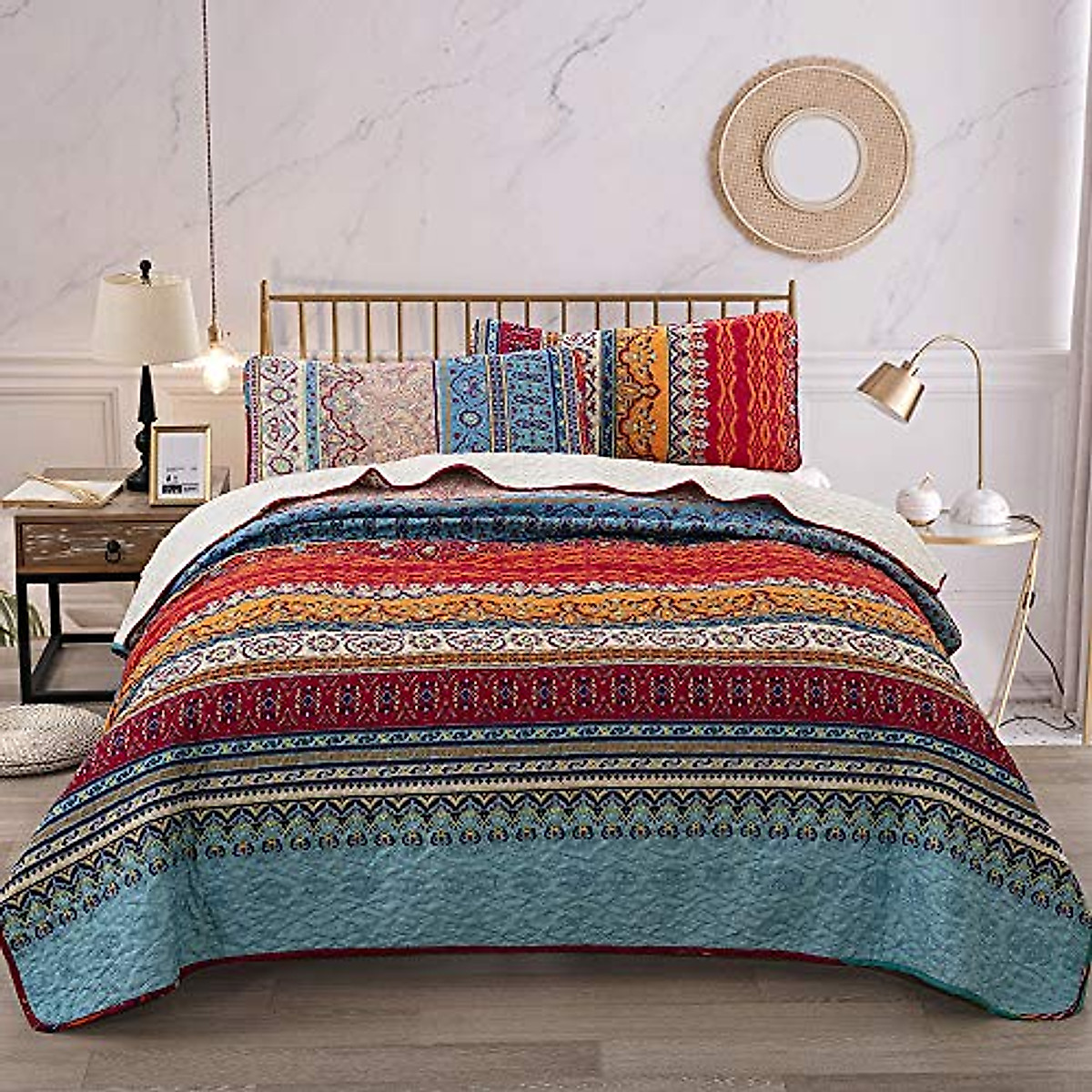 WONGS BEDDING Bohemian Quilt Set and Comforter Set Queen, Boho Striped Pattern Printed Quilt Coverlet for All Season, Soft Microfiber Boho Bedspread Set 90"x96"(3 Pieces, Queen)