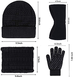 Ski Winter Hat Scarf Gloves Set for Men, Knit Beanie Hat,Neck Warmer Scarf,Warmer Touch Screen Gloves and Earmuffs Ear Warmer for Men Women Outdoor (Black)