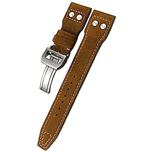 Genuine Leather With Rivets Watchband 20mm 21mm 22mm Fit for IWC Big Pilot's Watches Le Petit Prince TOP GUN IW3777 IW3293 Wristband Folding Buckle Cowhide Watch Strap (Crazy horse leather, 22mm)