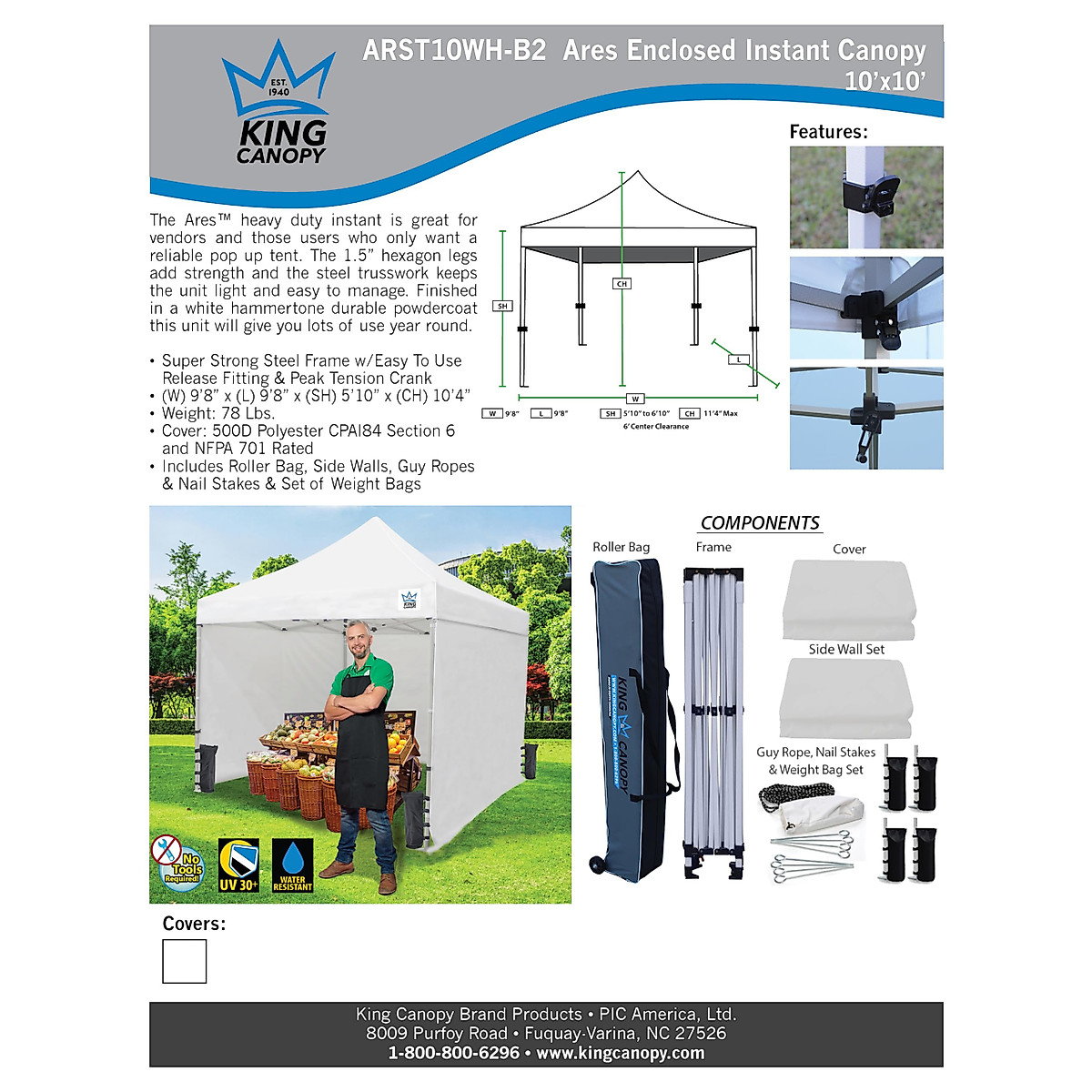 King Canopy Ares 10-Feet by 10-Feet Commercial Instant Pop up w/ 3 Solid Sides,1 Zippered Door,Weight Bags,Guy Rope, Stakes,1 1/2 Inch Hexagon Leg w/Hammertone Finish,White Cover