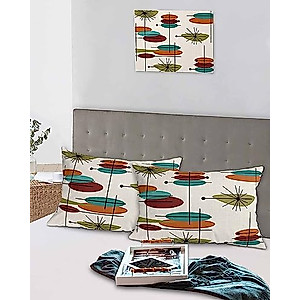 Edwiinsa Teal Red Orange Pillow Covers Standard Size Set of 2 20x26 Bed Pillow, Middle Century Geometric Abstract Art Burlap Plush Soft Comfort for Hair/Skin Cooling Pillowcases with Envelop Closure