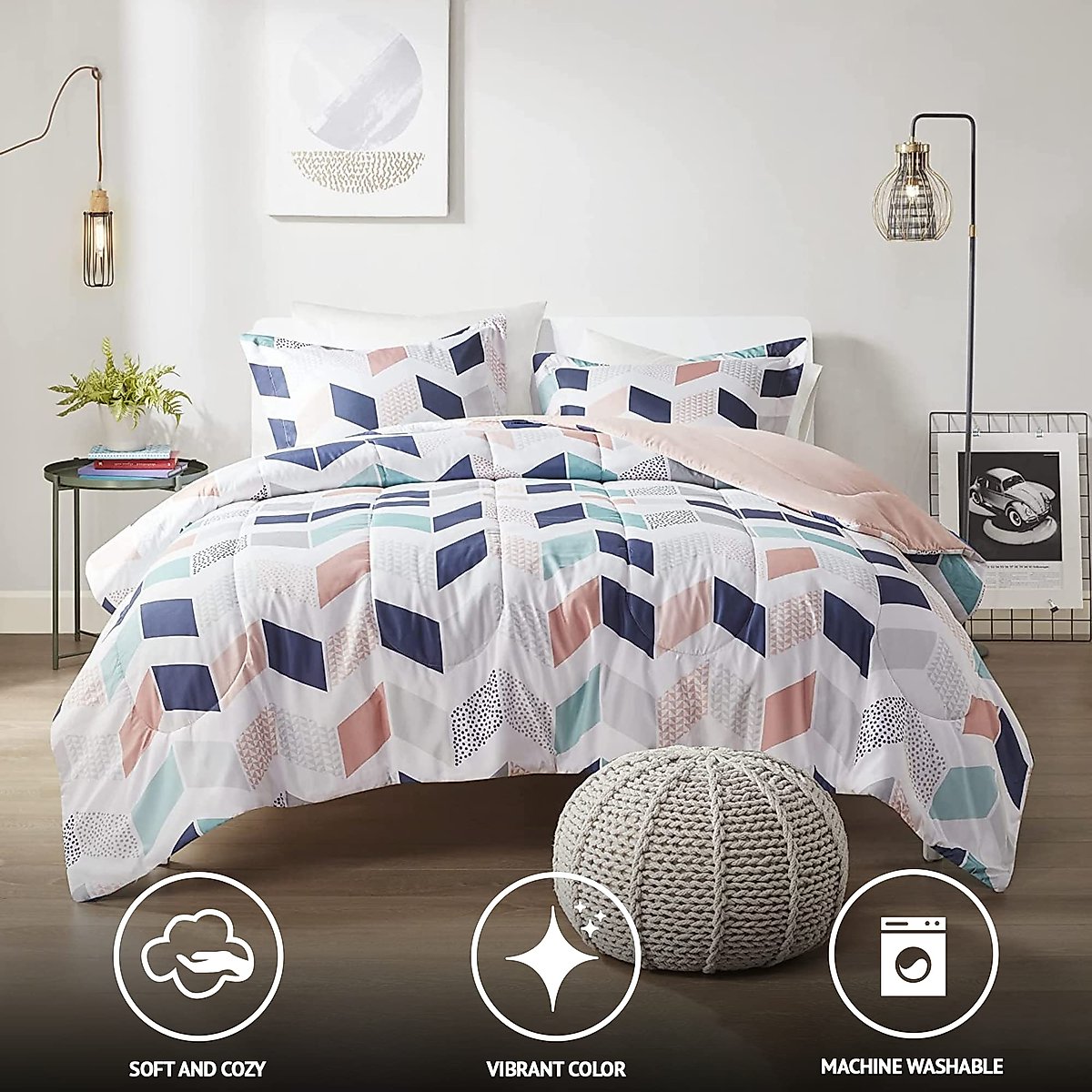 Comfort Spaces Kylar Cozy Comforter Set, Vibrant Chevron Ruching Design with Solid Reverse, All Season Down Alternative Bedding with Matching Sham, Twin/Twin XL (66 in x 90 in), Multi/Blush 2 Piece