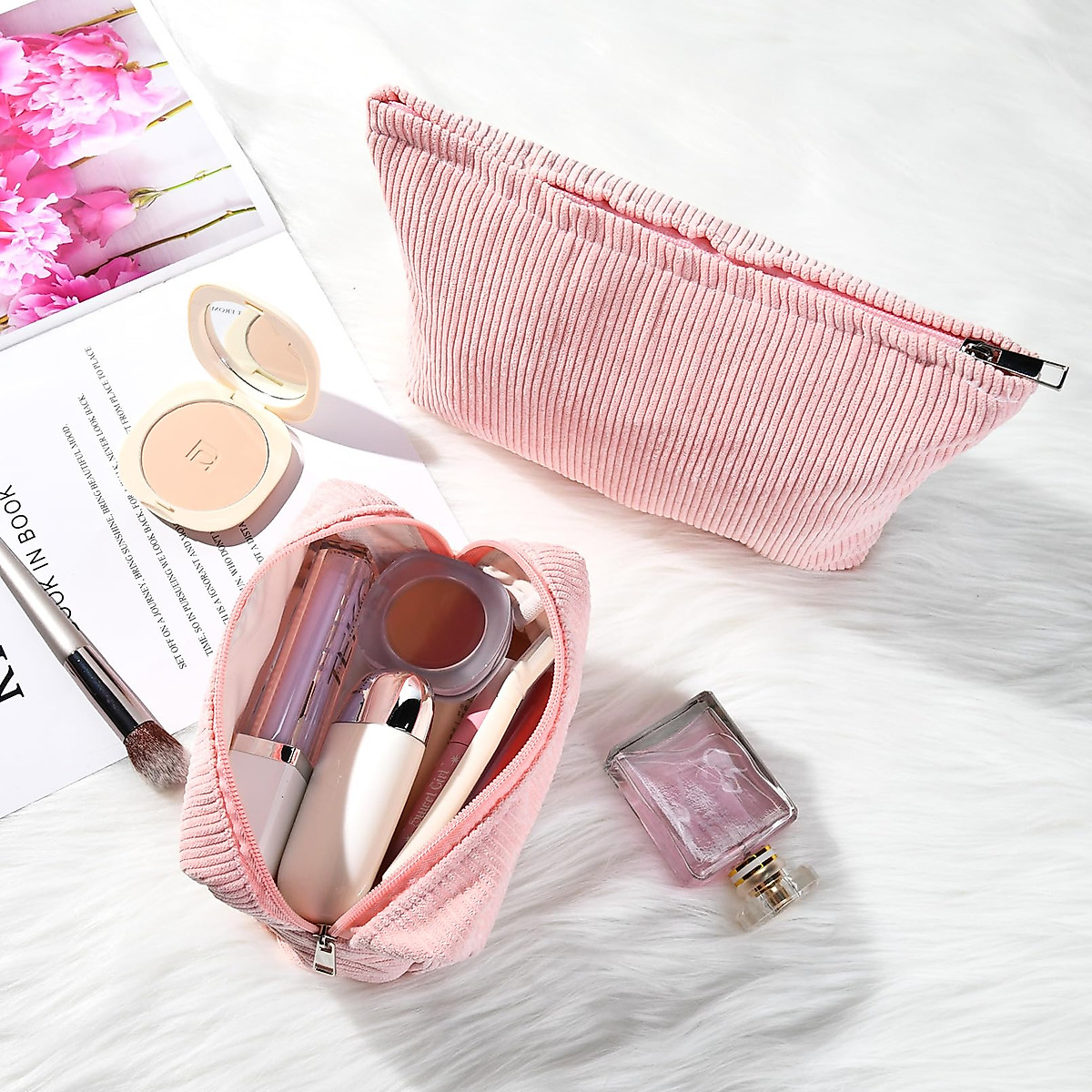 SOIDRAM 2 Pieces Makeup Bag Large Corduroy Cosmetic Bag Capacity Canvas Mix Travel Toiletry Bag Organizer Cute Makeup Brushes Aesthetic Accessories Storage Bag for Women, Corduroy Mix Pink